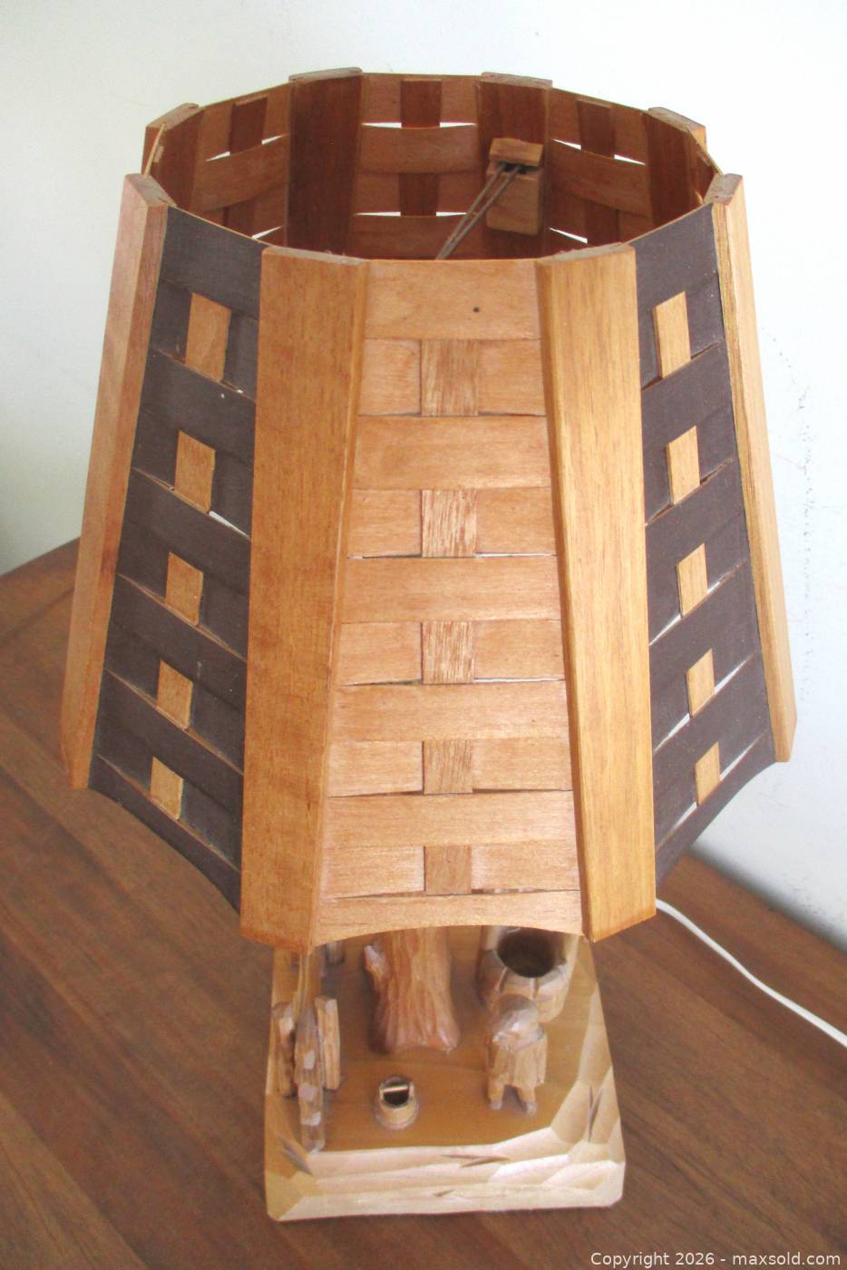 Hand-carved wooden table lamp signed Paul-Émile Caron | Maxsold