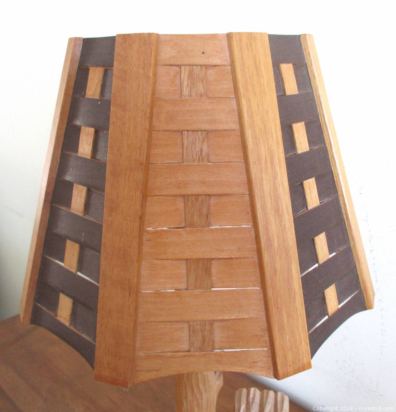 Hand-carved wooden table lamp signed Paul-Émile Caron | Maxsold