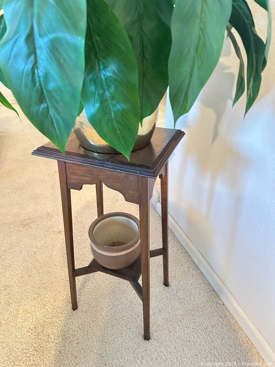 Mission style arts & crafts wood plant stand with hammered brass ...