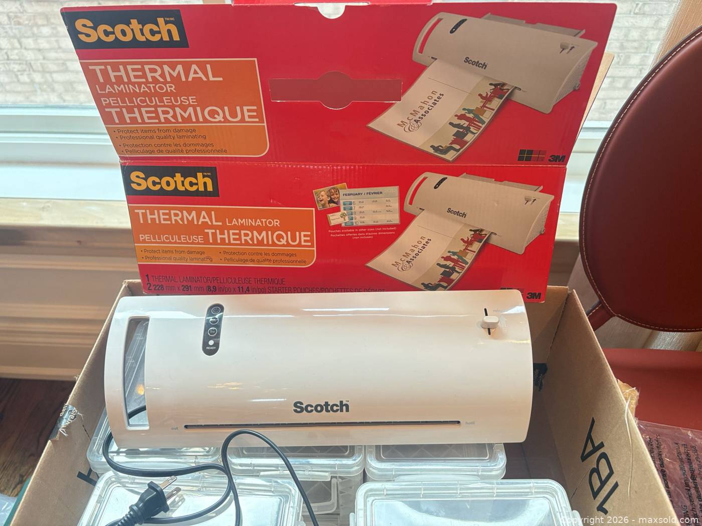 Scotch thermal laminator with six clear storage boxes | Maxsold