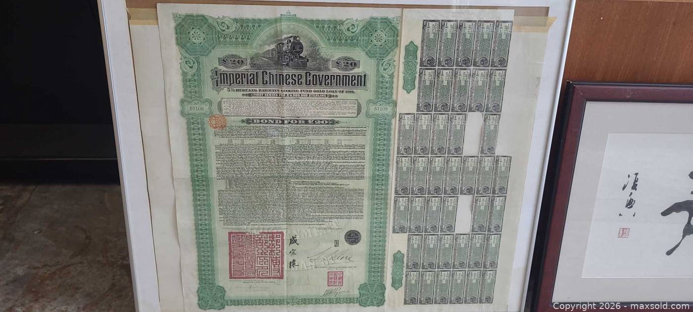 Framed Imperial Chinese Bond Certificate and Calligraphy | Maxsold