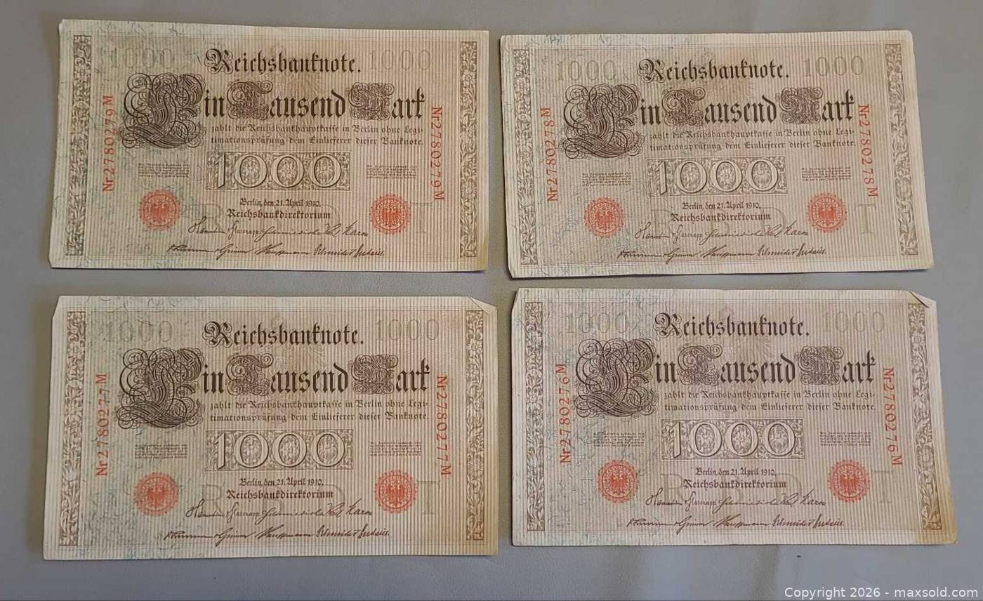 Set of 4 German 1000 Mark Reichsbanknotes 1910 | Maxsold