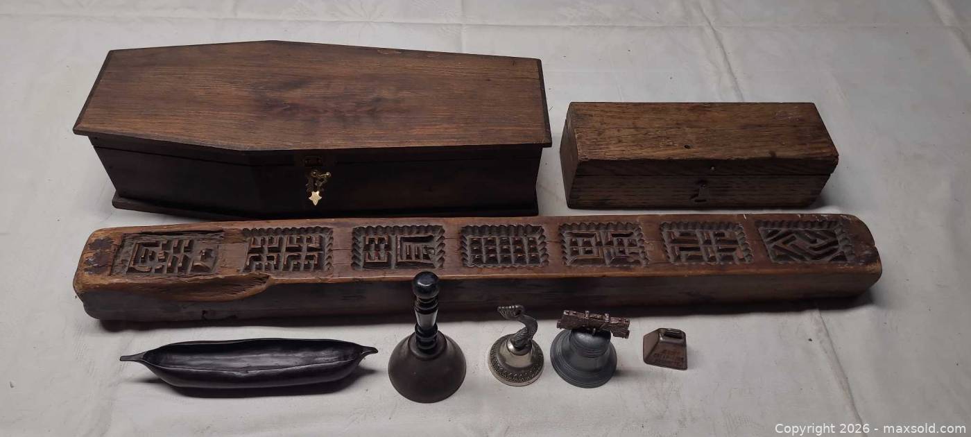 Wooden coffin box, carved mold, small box, bowl, bells | Maxsold