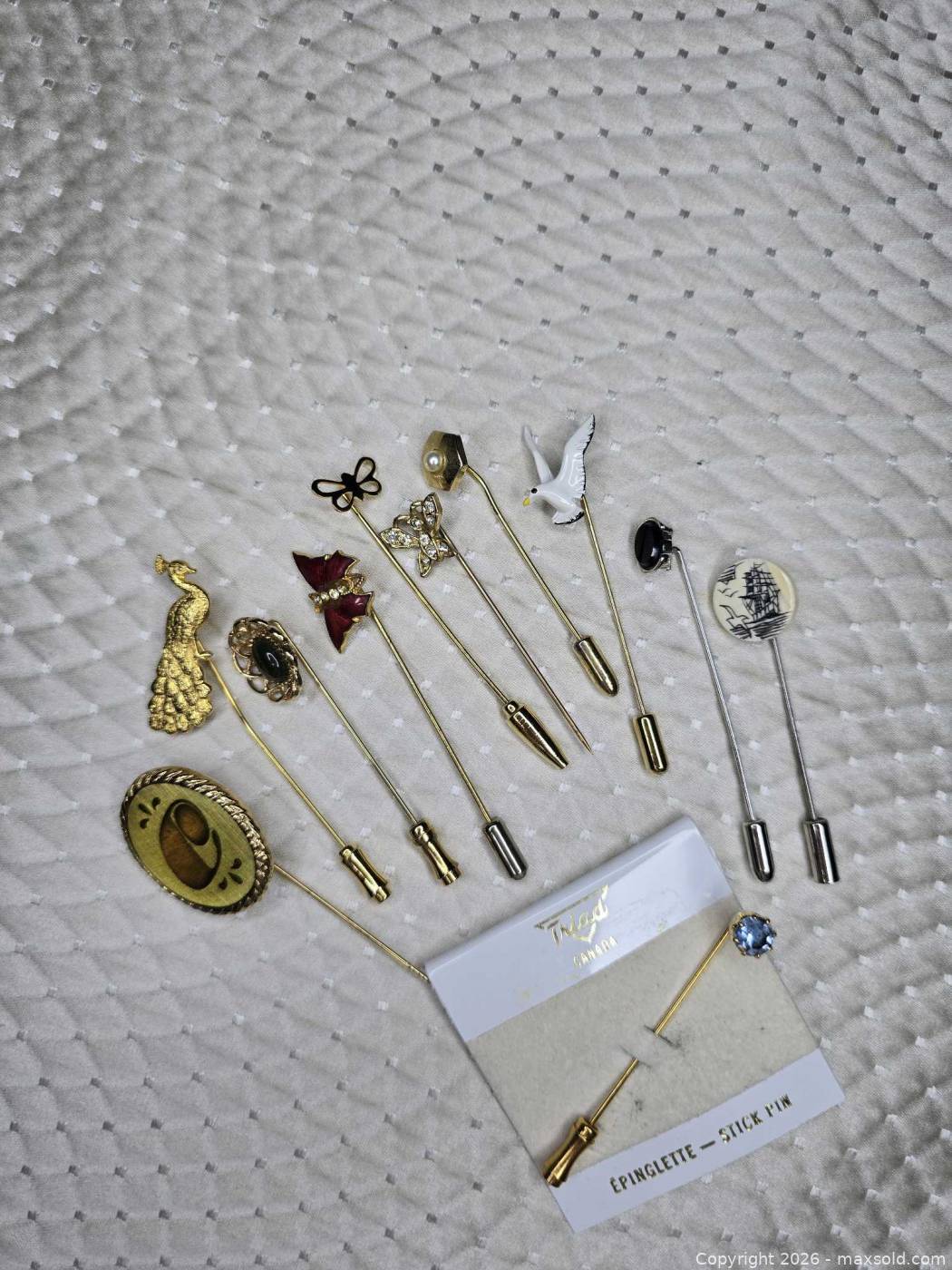 Vintage costume stick pins lot, butterflies, birds, peacock, Triad ...