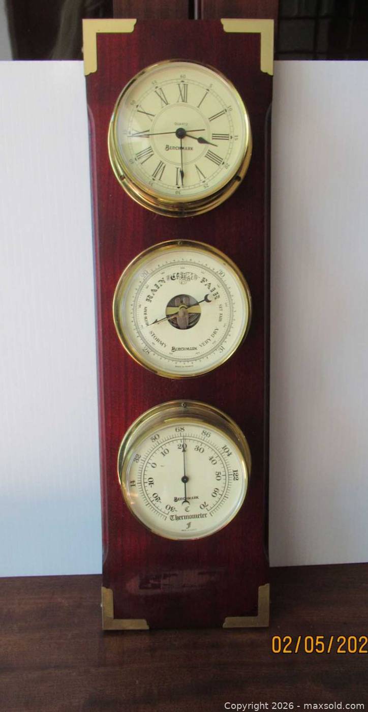 Benchmark mahogany weather station clock barometer thermometer | Maxsold