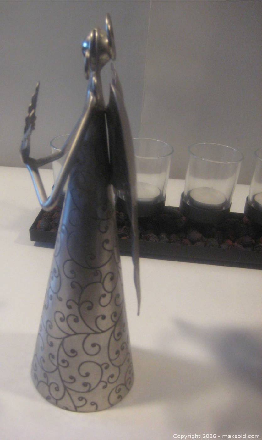 Metal angel figurine, metal star-cutout candle lamp, tray with six ...