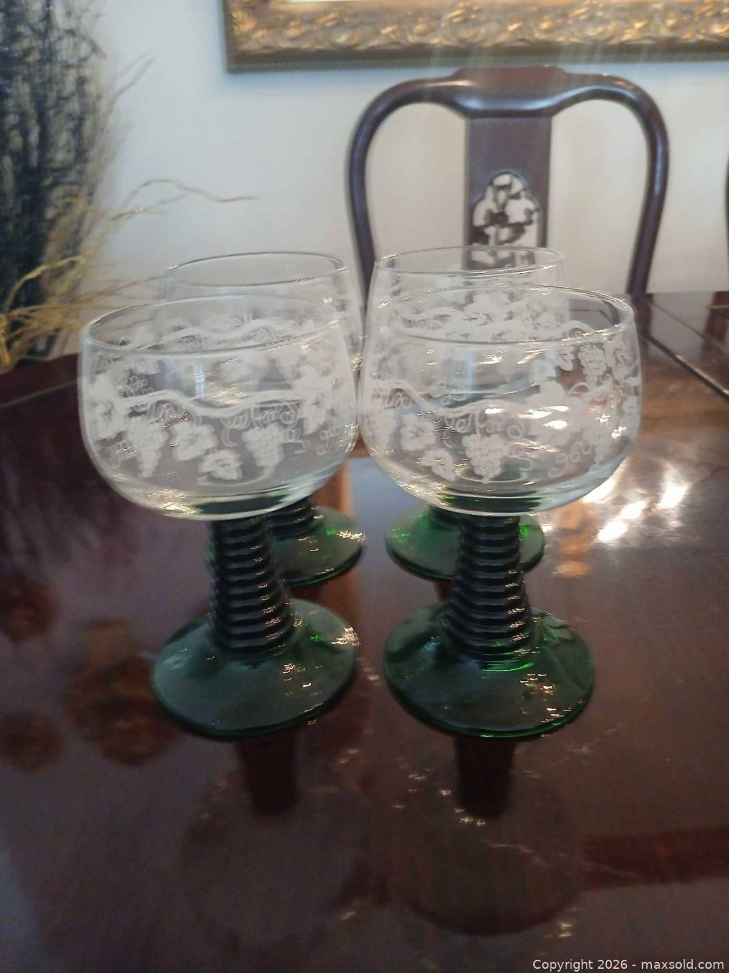Set of 4 green-stem etched grapevine cordial glasses | Maxsold