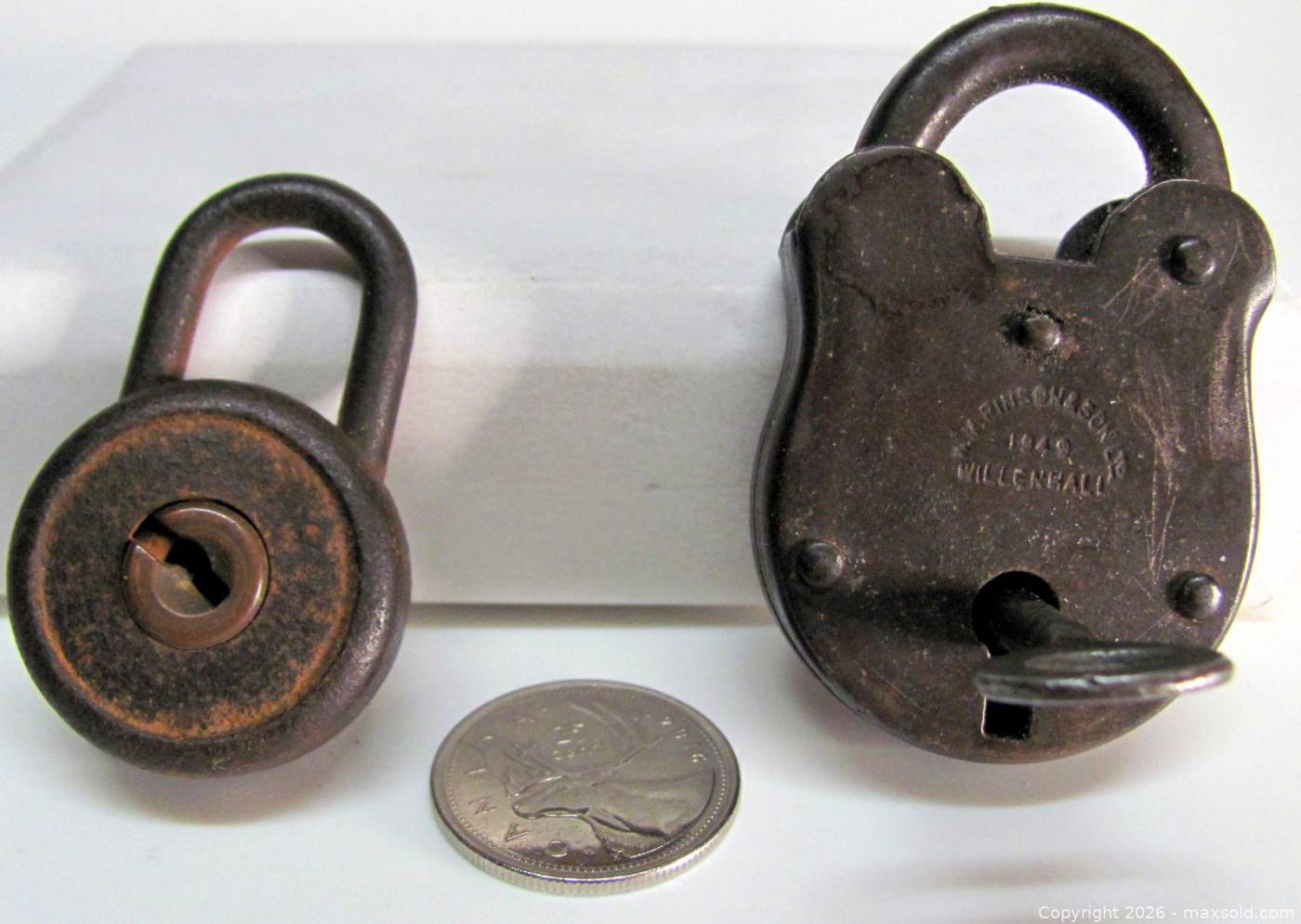 W. H. Pinson & Son 1949 padlock with key and small antique iron padlock ...