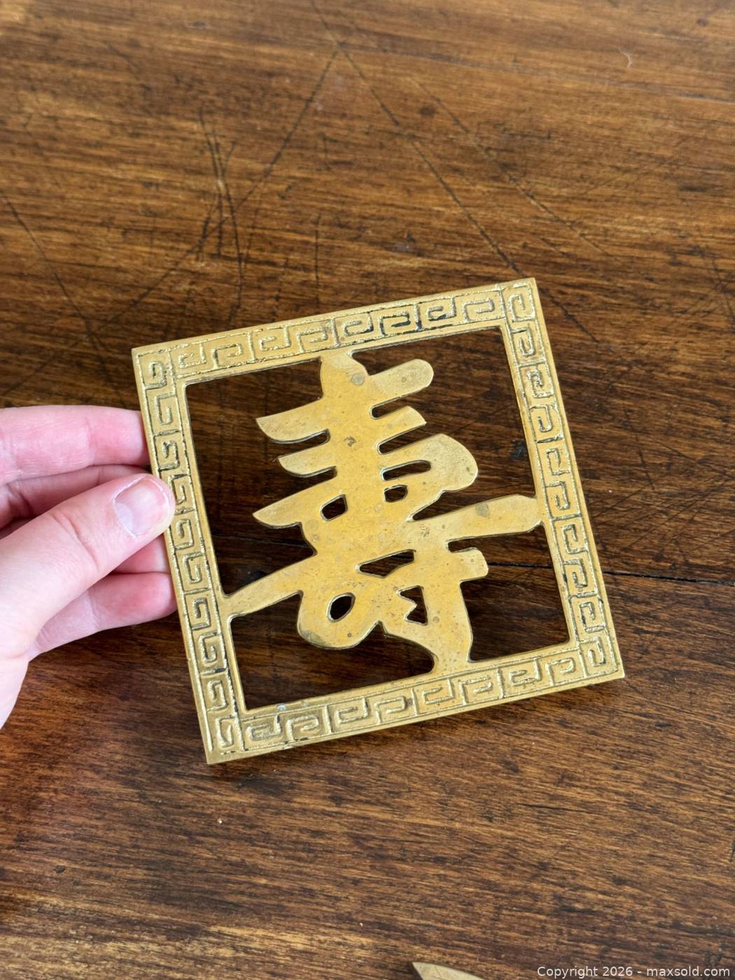 Vintage brass Chinese longevity symbol trivet and butterfly candle base ...