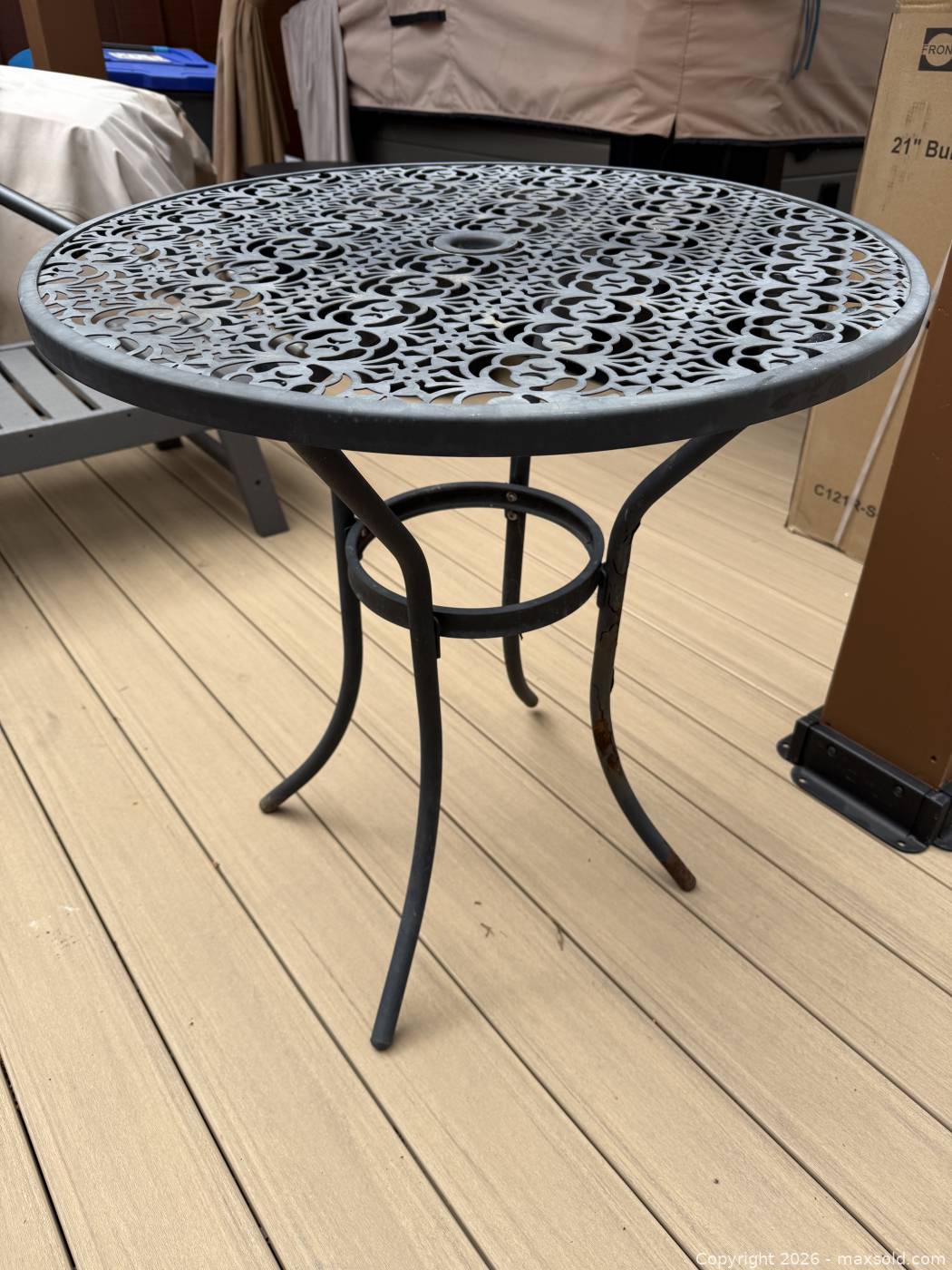 Round Black Metal Patio Table 24" Dia Umbrella Hole | Maxsold
