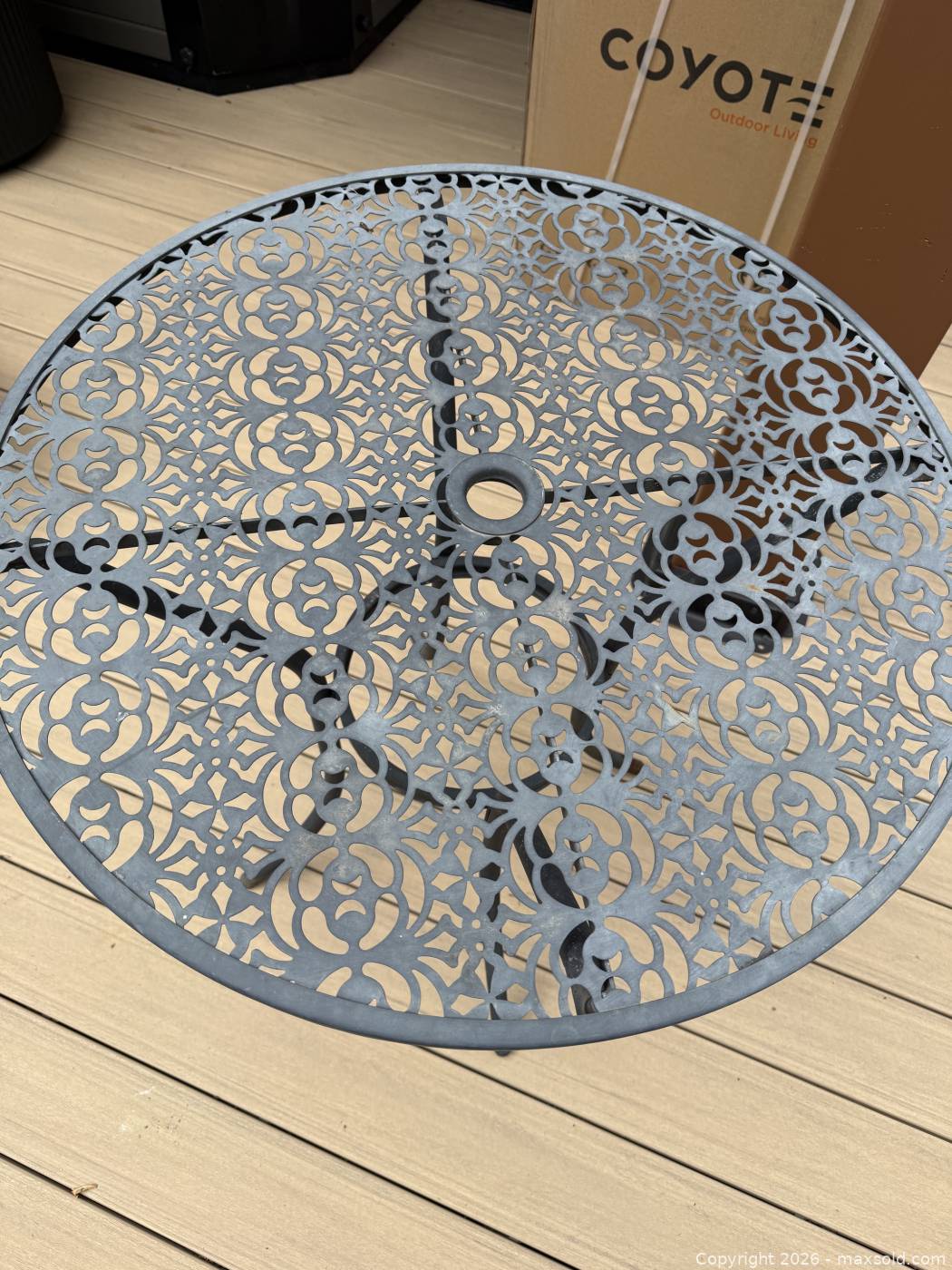 Round Black Metal Patio Table 24" Dia Umbrella Hole | Maxsold