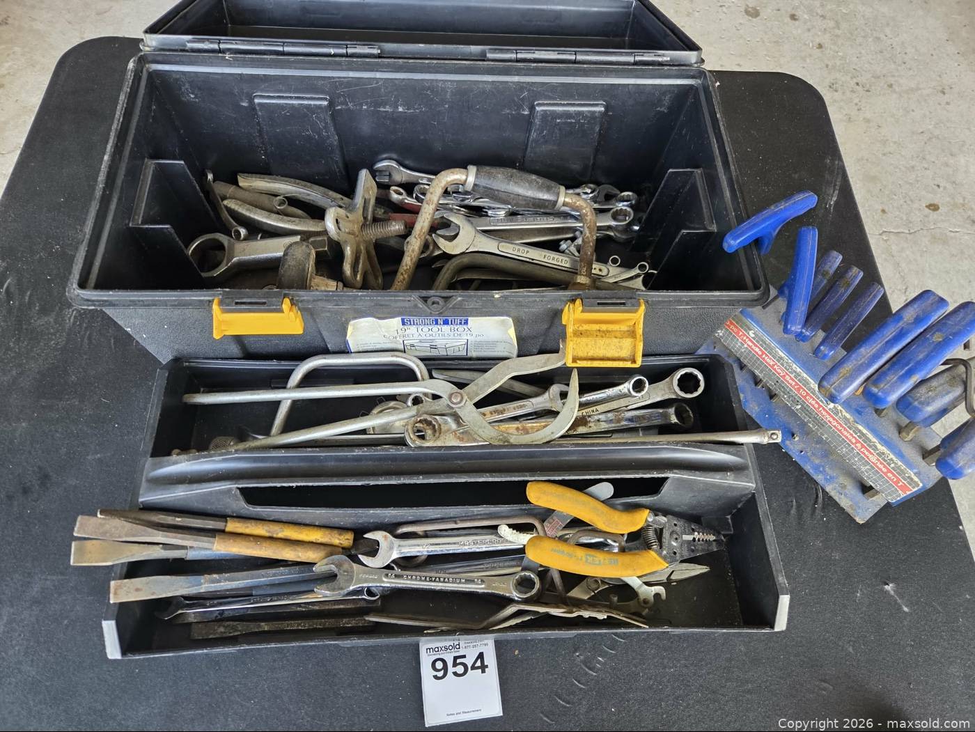 Plastic toolbox with assorted hand tools | Maxsold