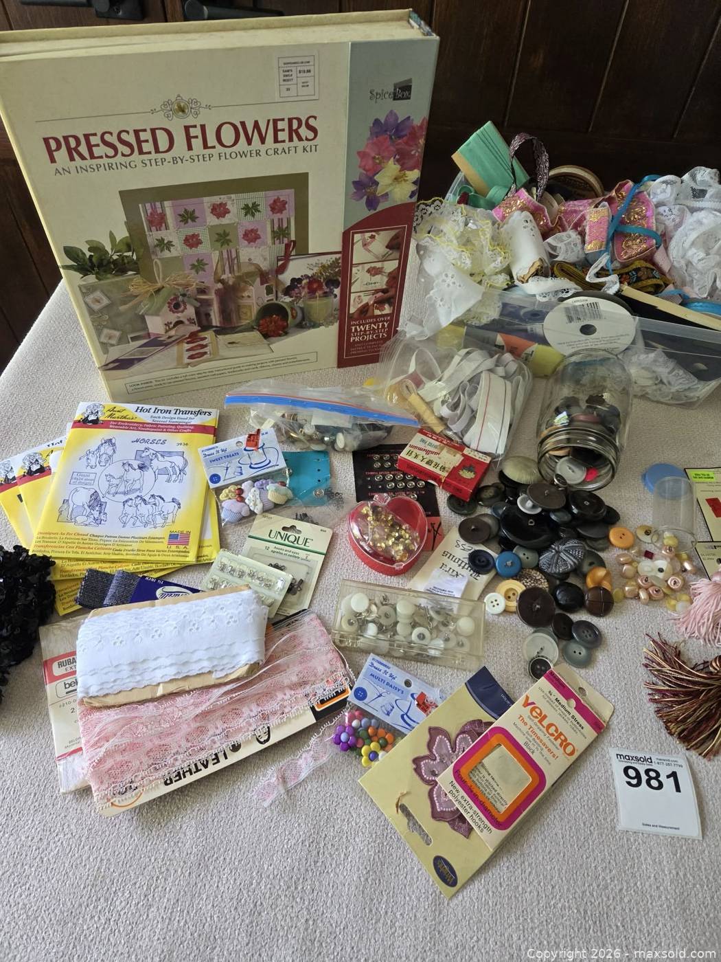 Sewing notions, pressed flowers craft kit, buttons, ribbon, lace ...