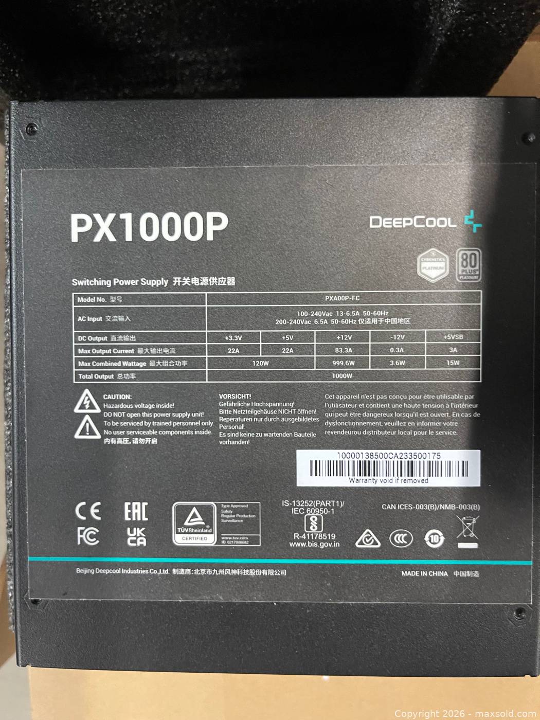 DeepCool PX1000P 1000W 80 Plus Platinum PSU | Maxsold