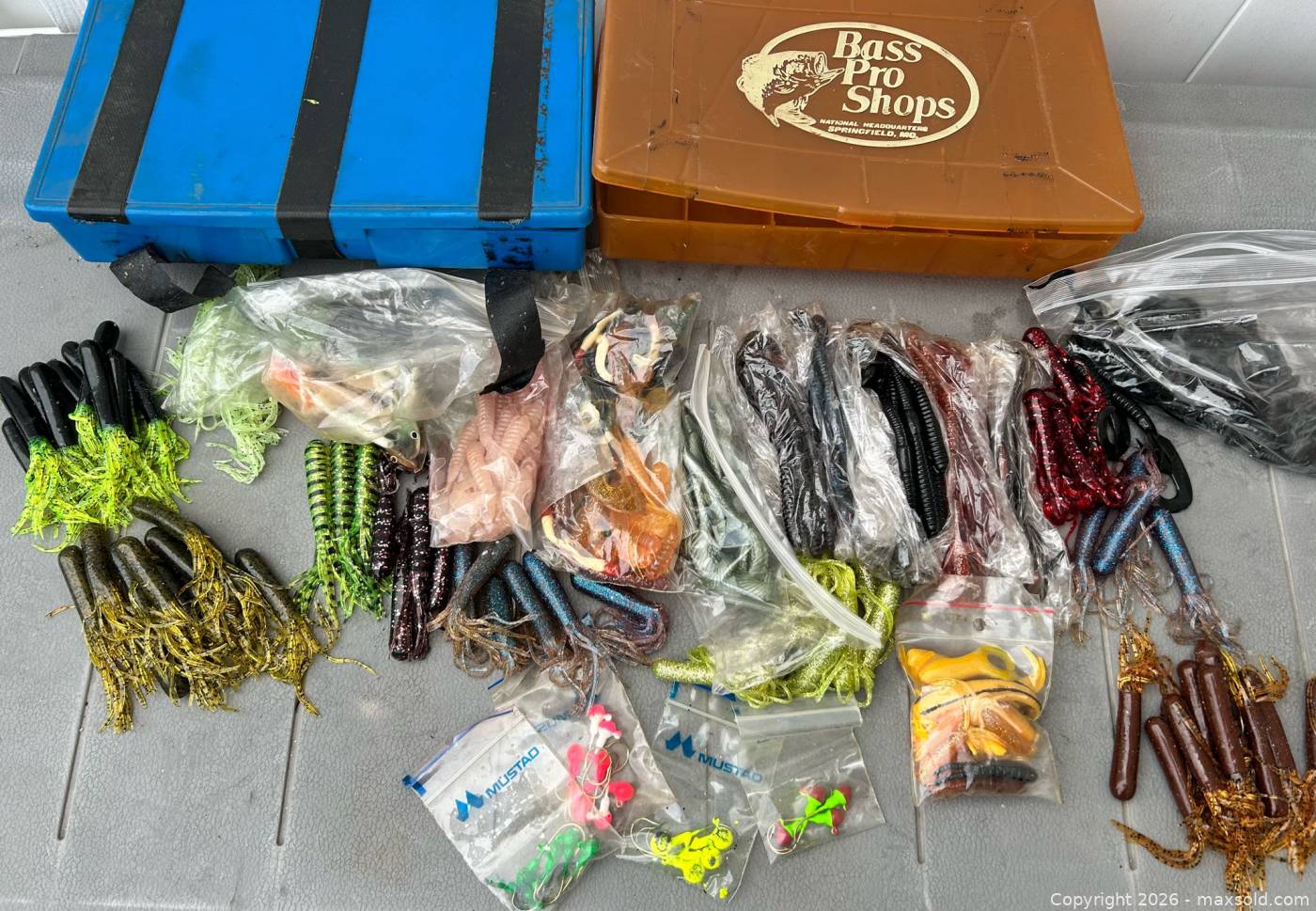 Large mixed lot soft plastic fishing lures and two plastic tackle boxes ...