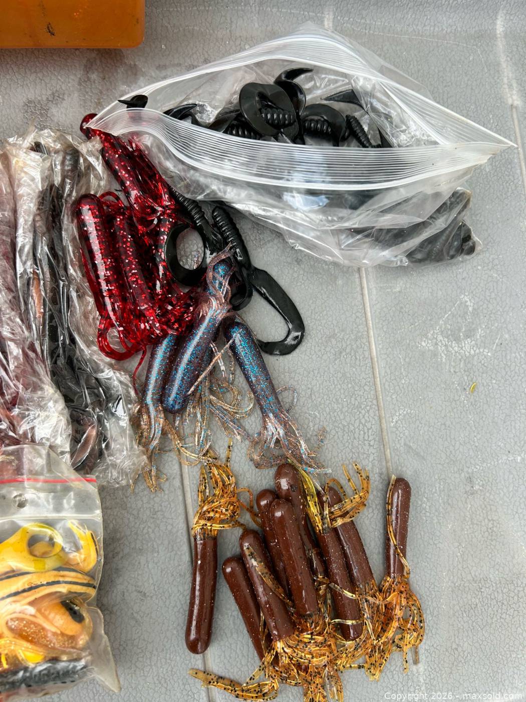 Large mixed lot soft plastic fishing lures and two plastic tackle boxes ...