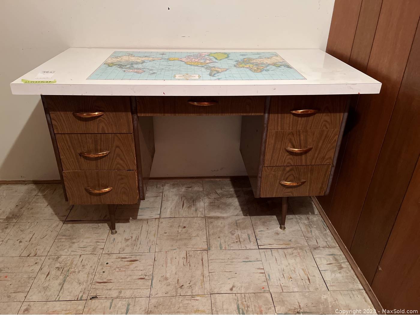 Vintage MDF Desk with Inlaid World Map | Maxsold