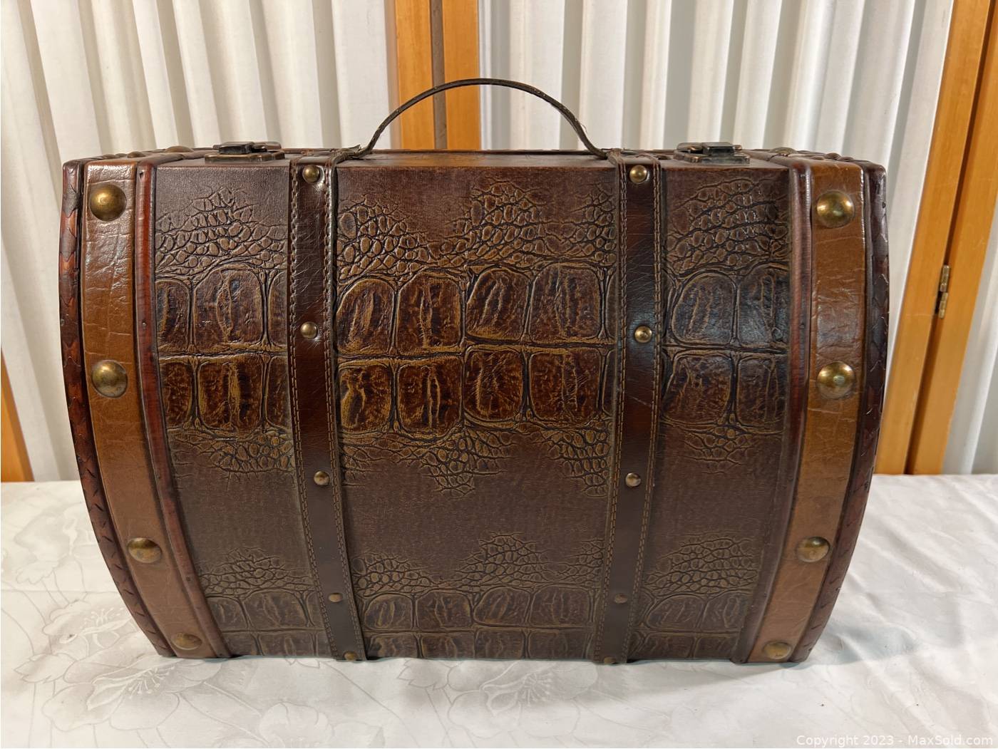 Ornate Handled Carrying Case with Brown Embossed Leather Exterior | Maxsold