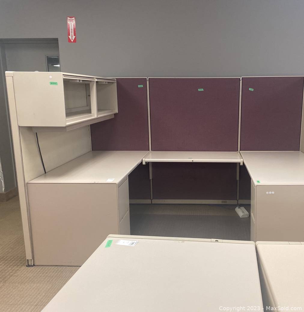 Metal and Laminate Office Desk with Cubicle Walls, Overhead Storage ...