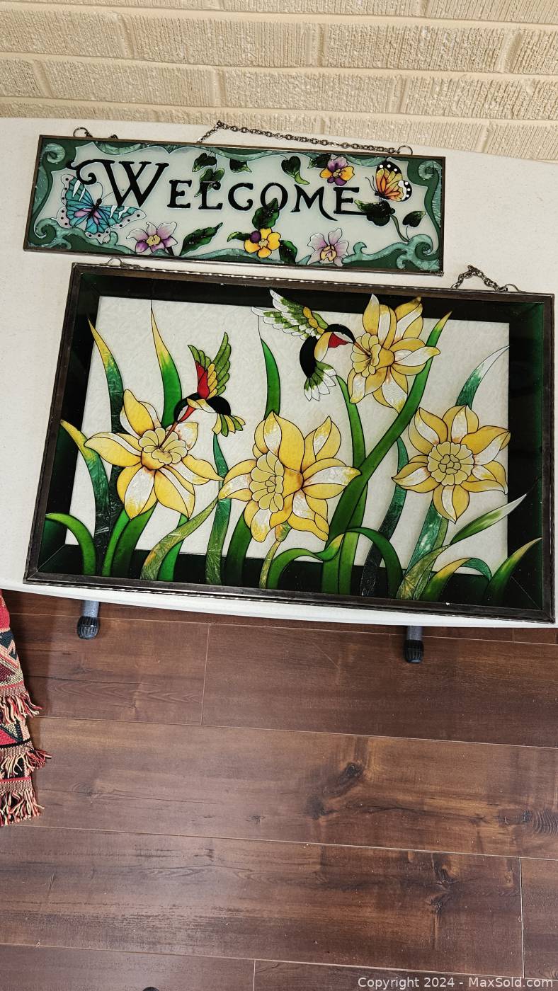 Hummingbird Stained Glass Panel and Welcome Sign | Maxsold