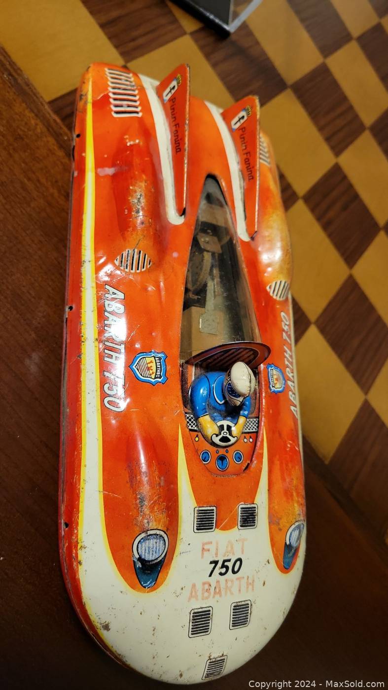 Vintage HAJI Fiat 750 Abarth Friction Tin Car with Plexiglass Display ...