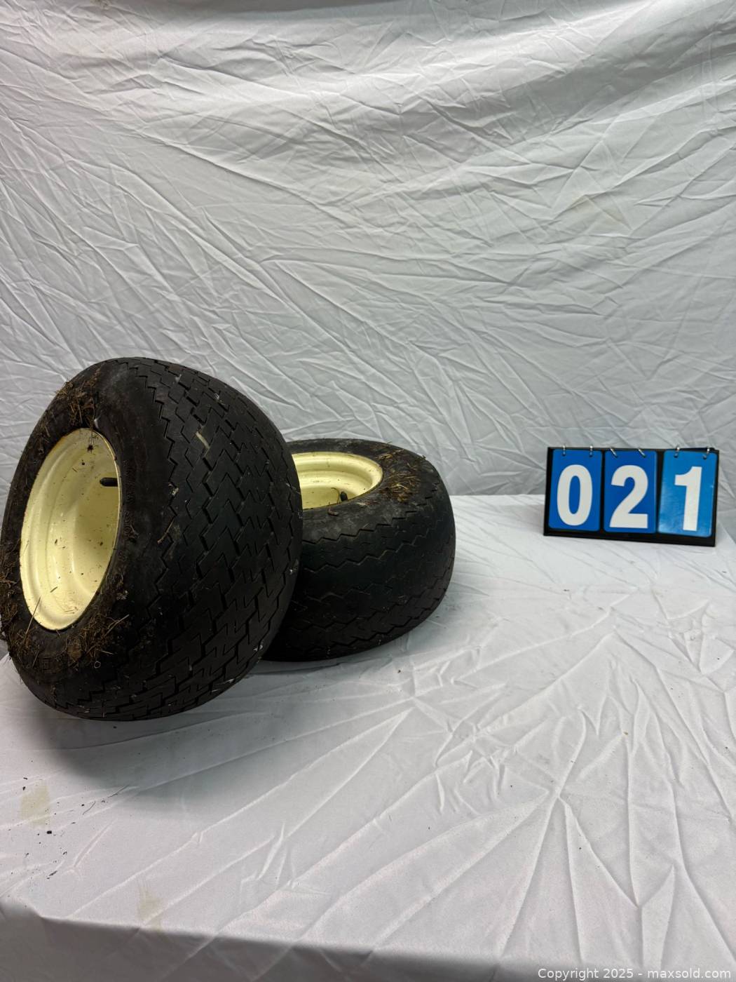 Pair of 13x8.50-6 pneumatic wheels on steel rims | Maxsold