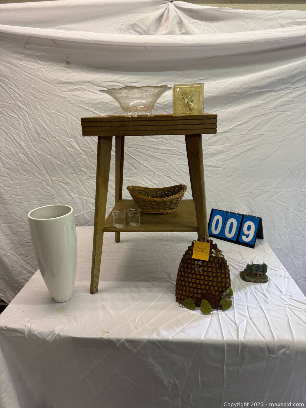 Square wood side table with decor lot | Maxsold