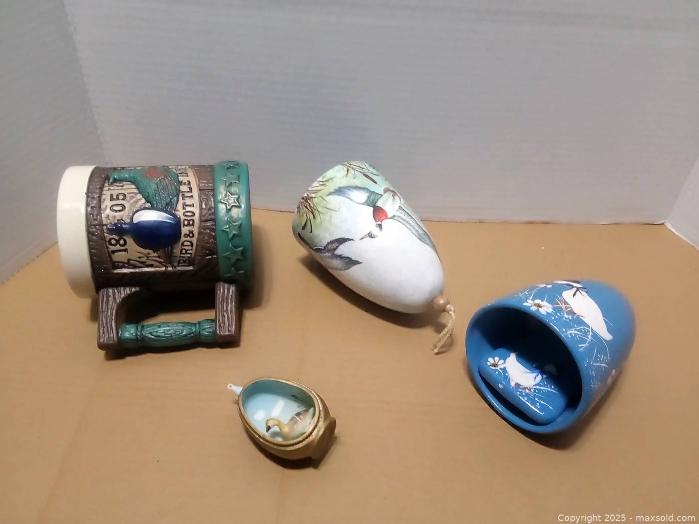Ceramic duck relief mug, 2 decorative bells, miniature rowboat dish ...