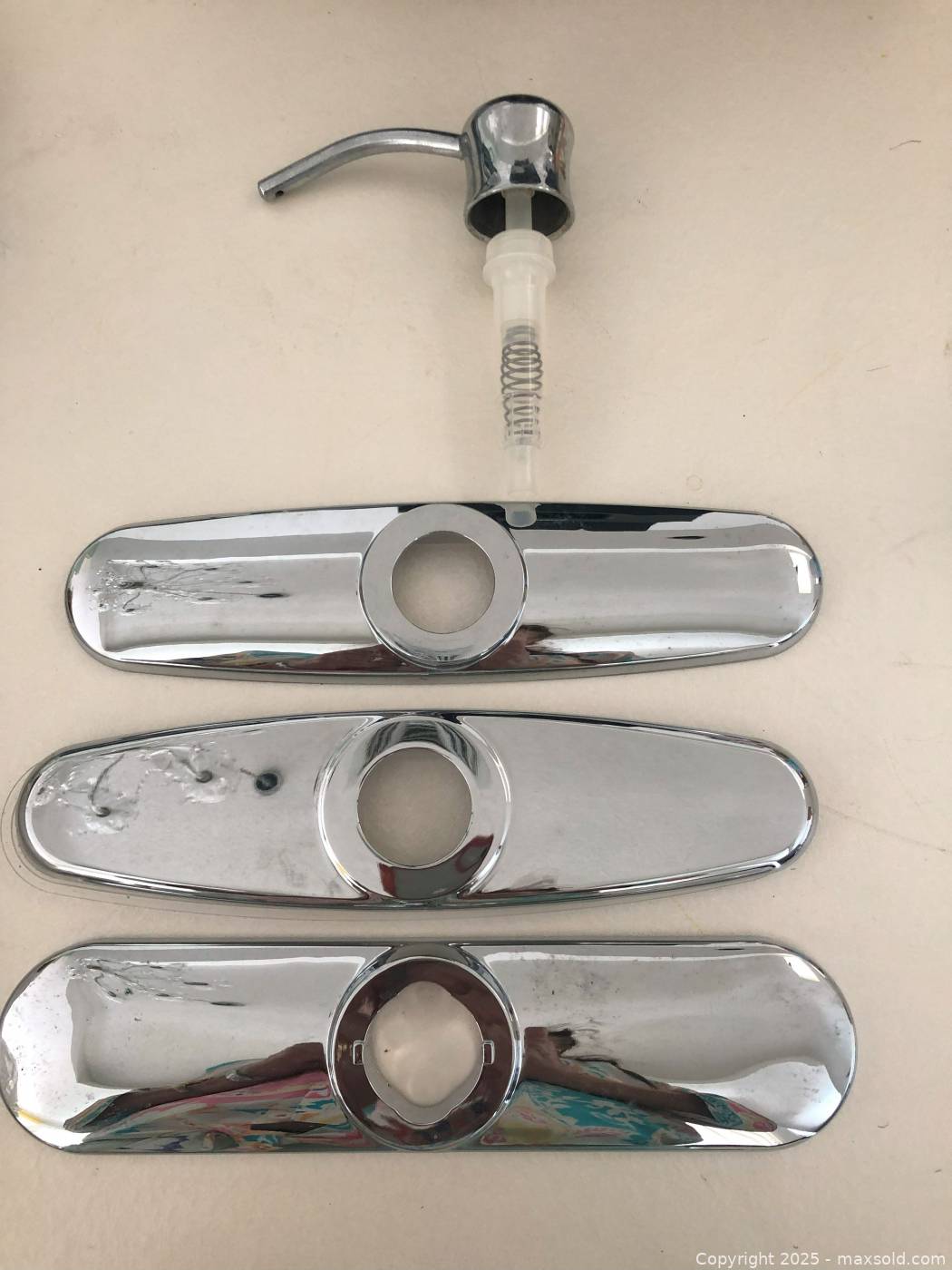 Chrome escutcheon plates and soap dispenser pump | Maxsold