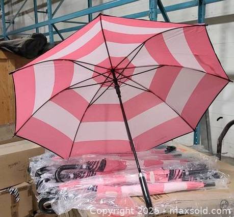 5 Pink and White Striped Full-Size Umbrellas & New Misc Items | Maxsold