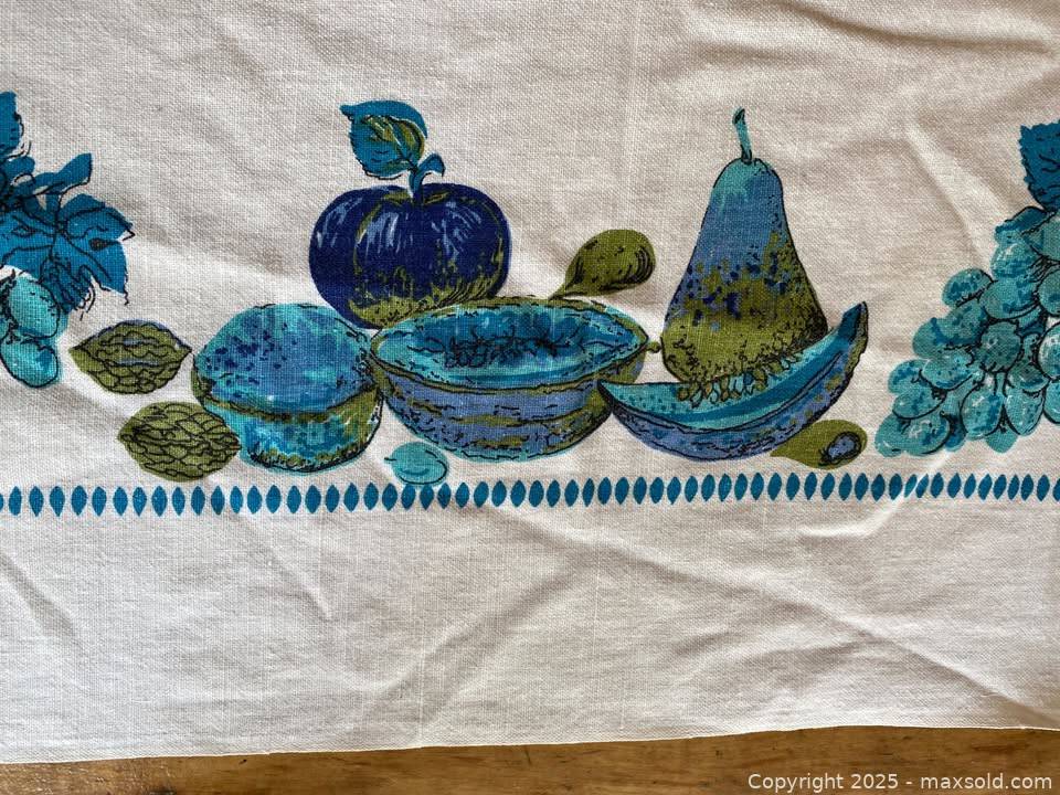 100% linen tablecloth with blue fruit border 72" x 58" | Maxsold
