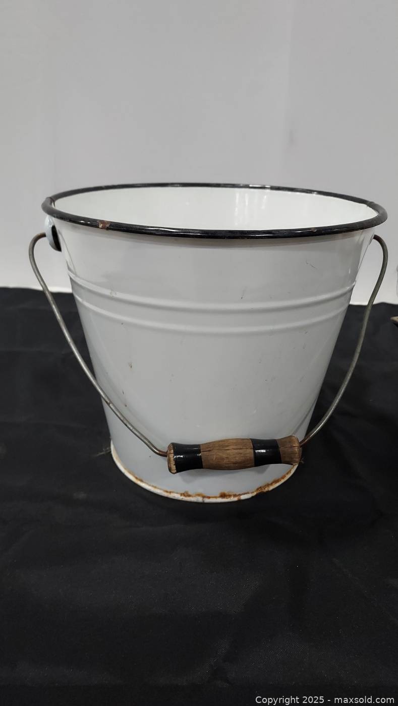 Enamel Pail with Three Holes and Cast Iron Kettle | Maxsold