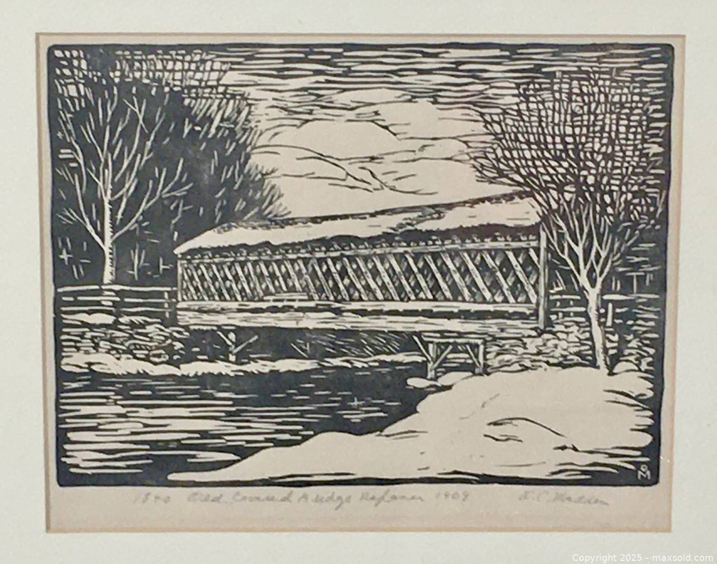 O.C. Madden 1909 woodcut print "Old Covered Bridge, Napanee" framed ...