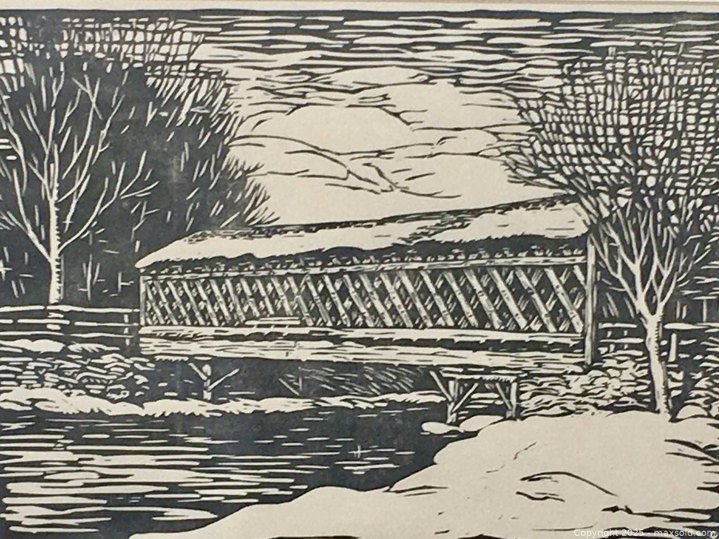 O.C. Madden 1909 woodcut print "Old Covered Bridge, Napanee" framed ...