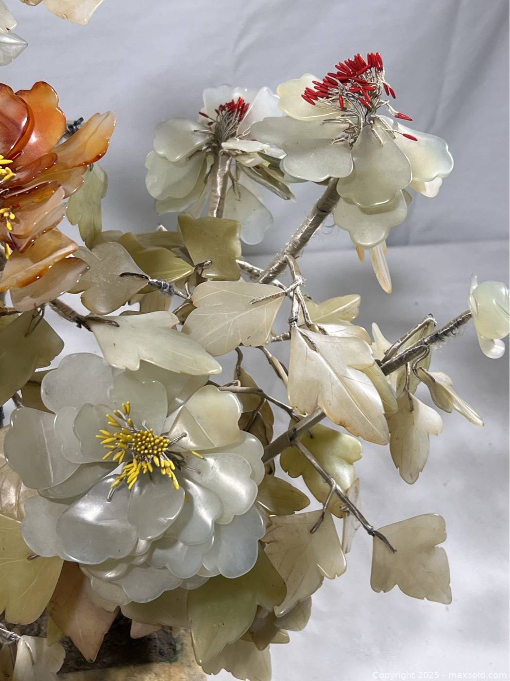 Vintage Chinese Jade Tree Sculpture with Multi-Stone Flowers and Leaves ...