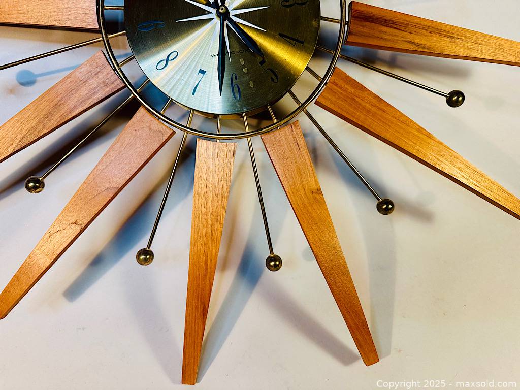 Vintage mid-century modern teak and metal atomic starburst wall clock ...