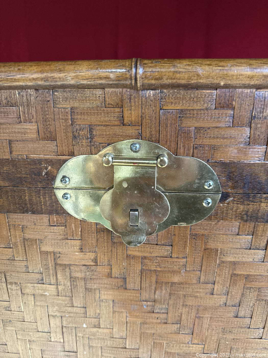 Vintage Mid Century Woven Herringbone Faux Bamboo Trunk with Brass ...