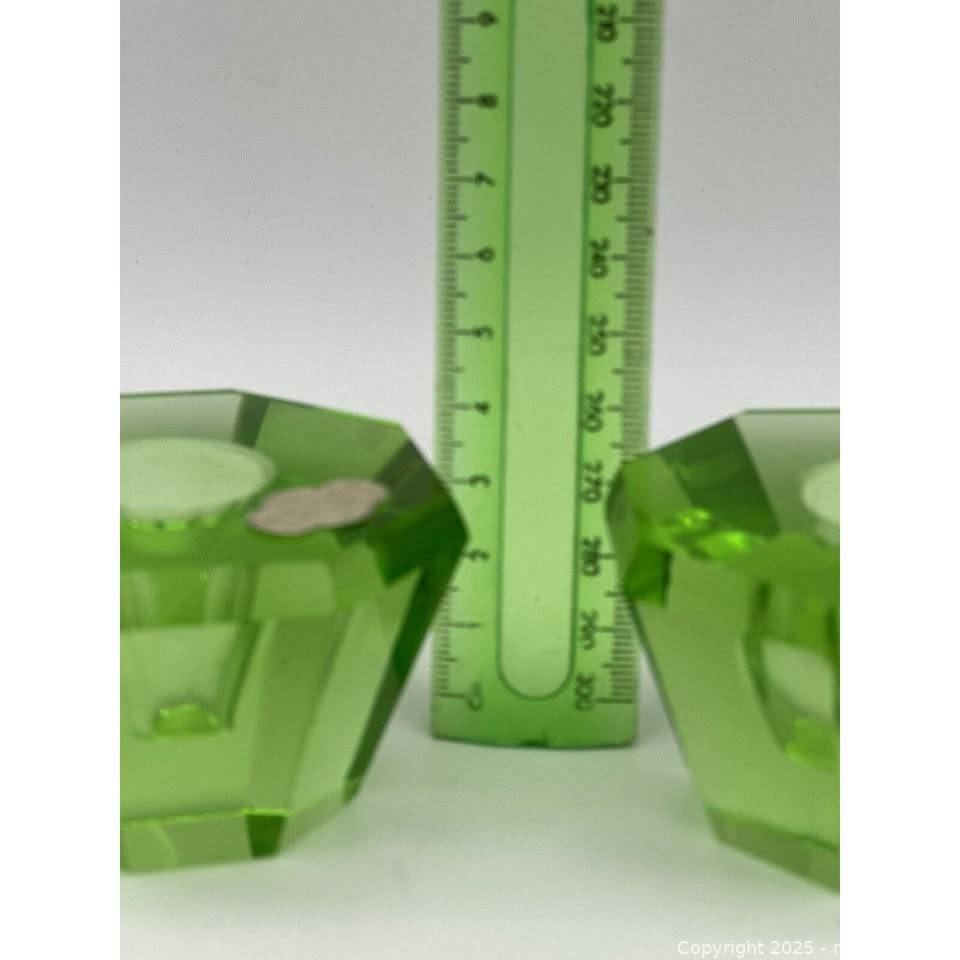Pair green lead crystal candle holders | Maxsold