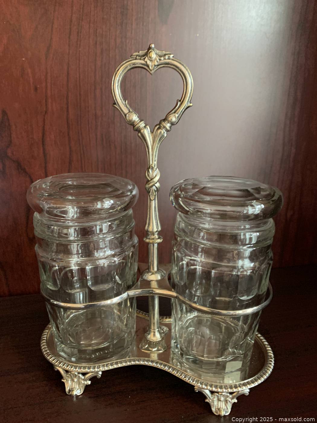 Antique silver plated double pickle jar stand with two glass jars and ...