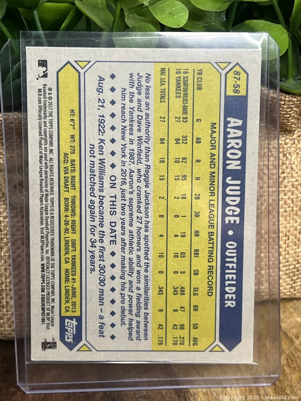 2017 Aaron Judge Yankees Rookie Card 1987 Topps Wood Border #87-58 ...
