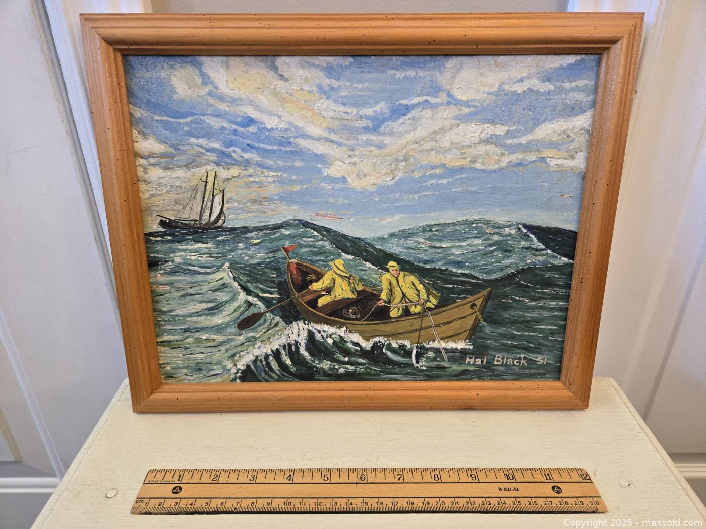 Signed Original 1951 Oil Painting of Two Men in Rowboat at Sea | Maxsold