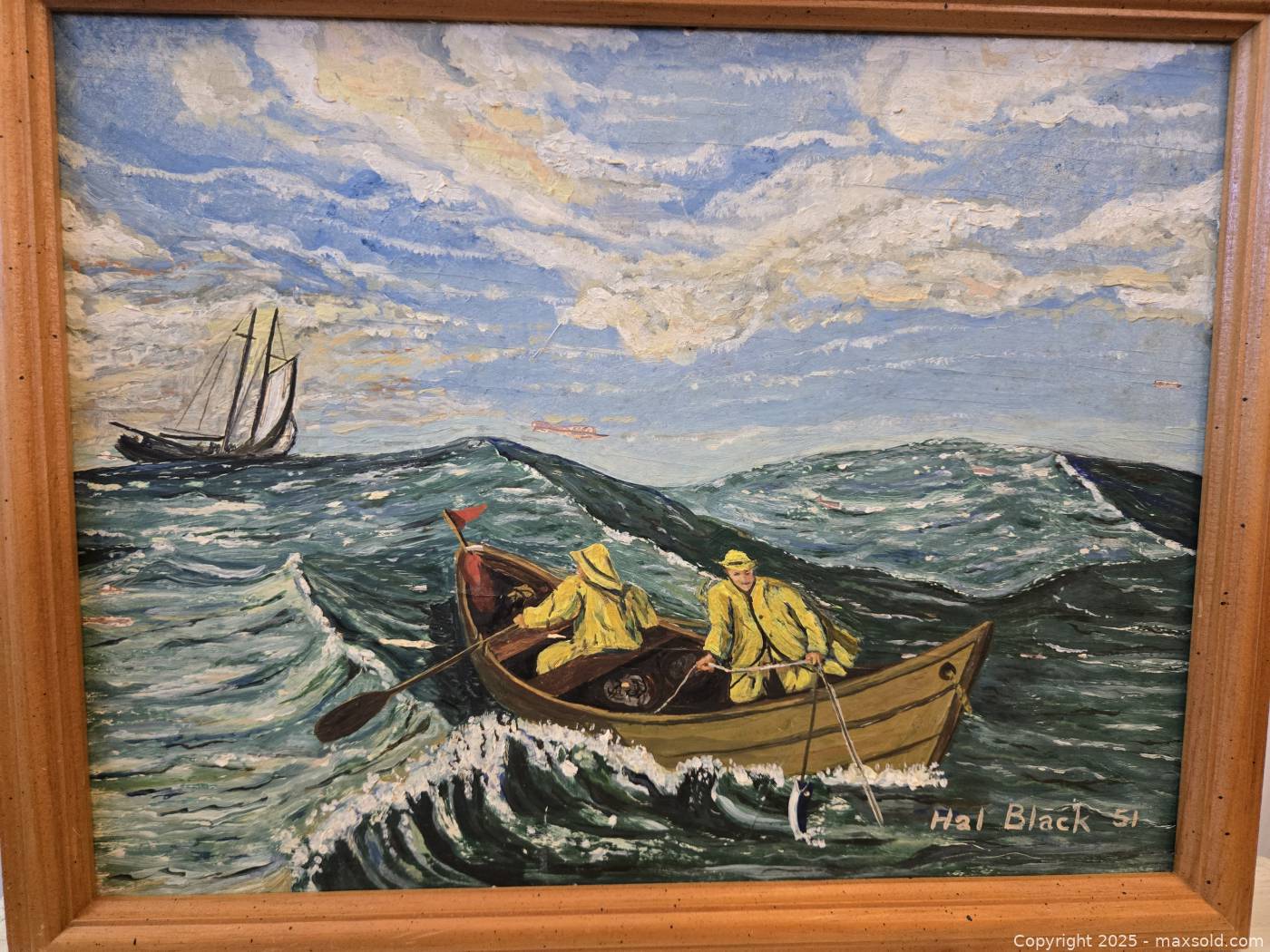 Signed Original 1951 Oil Painting of Two Men in Rowboat at Sea | Maxsold