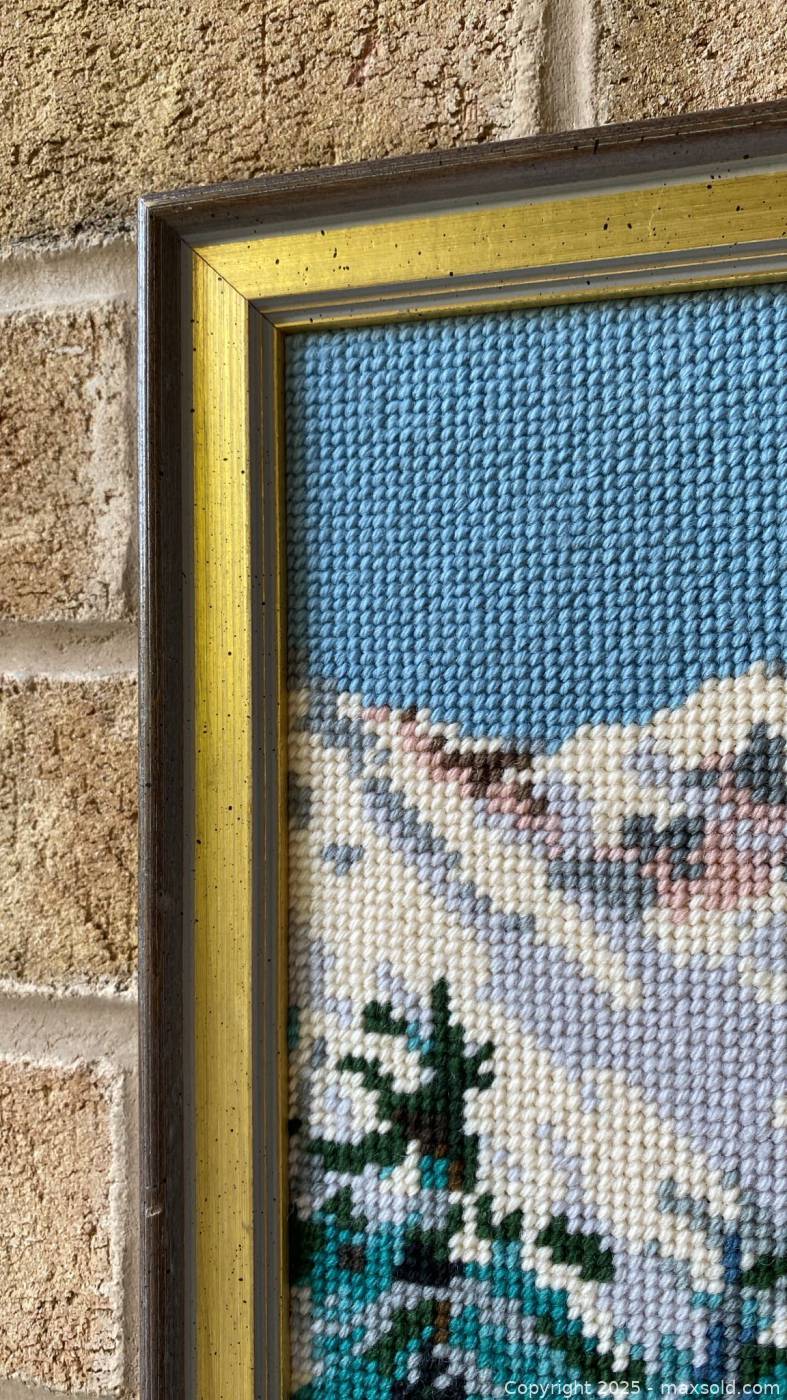 Framed winter landscape needlepoint art | Maxsold