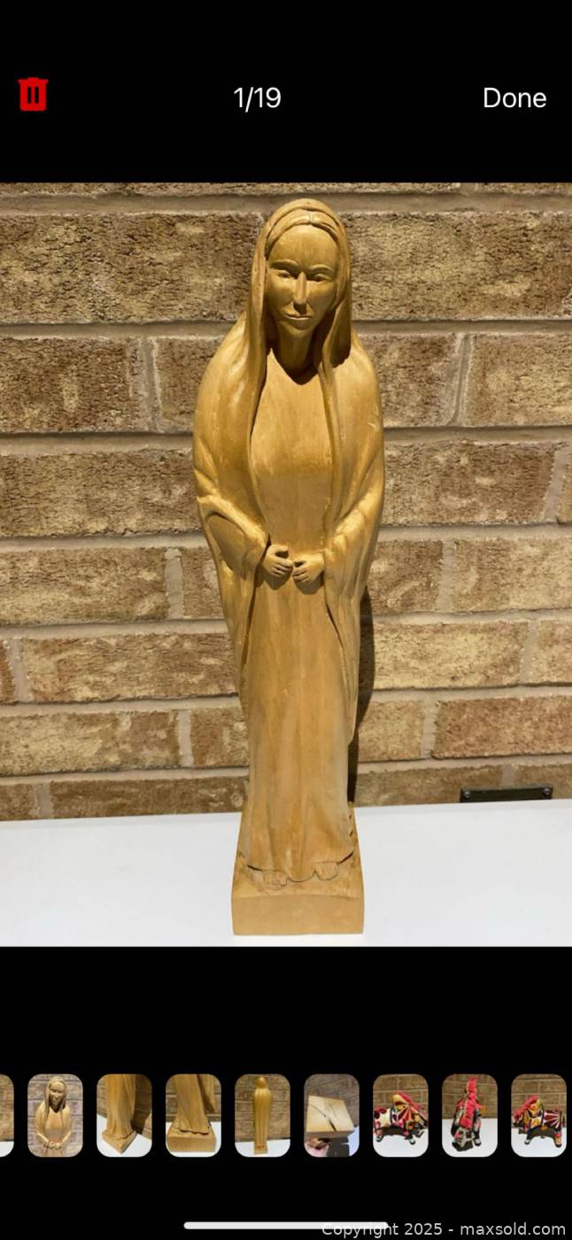 Hand-carved 20" robed wood statue, signed; folk art wood duck & weather ...