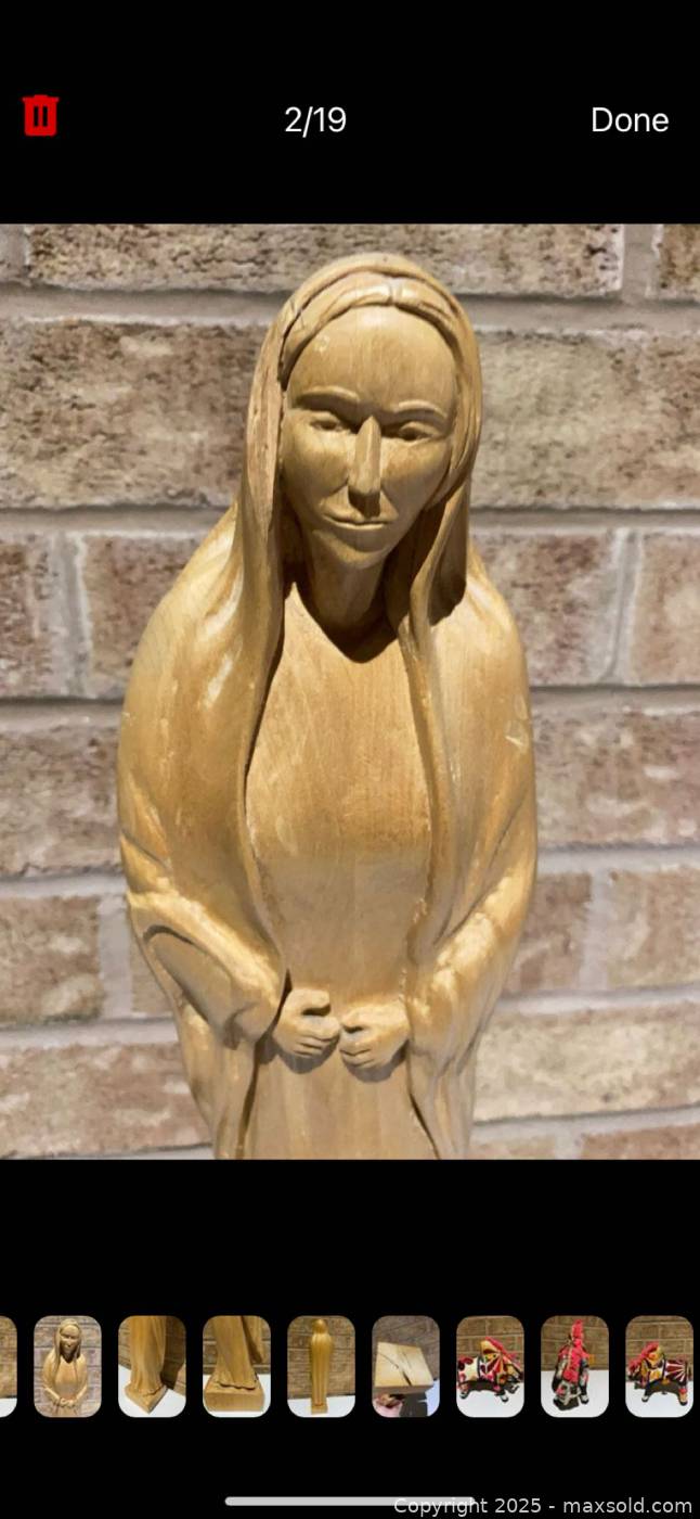 Hand-carved 20" robed wood statue, signed; folk art wood duck & weather ...