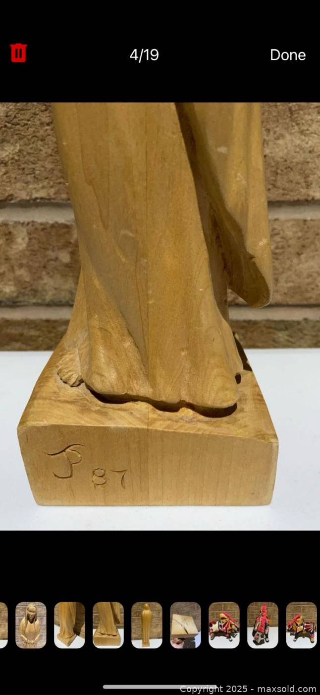 Hand-carved 20" robed wood statue, signed; folk art wood duck & weather ...