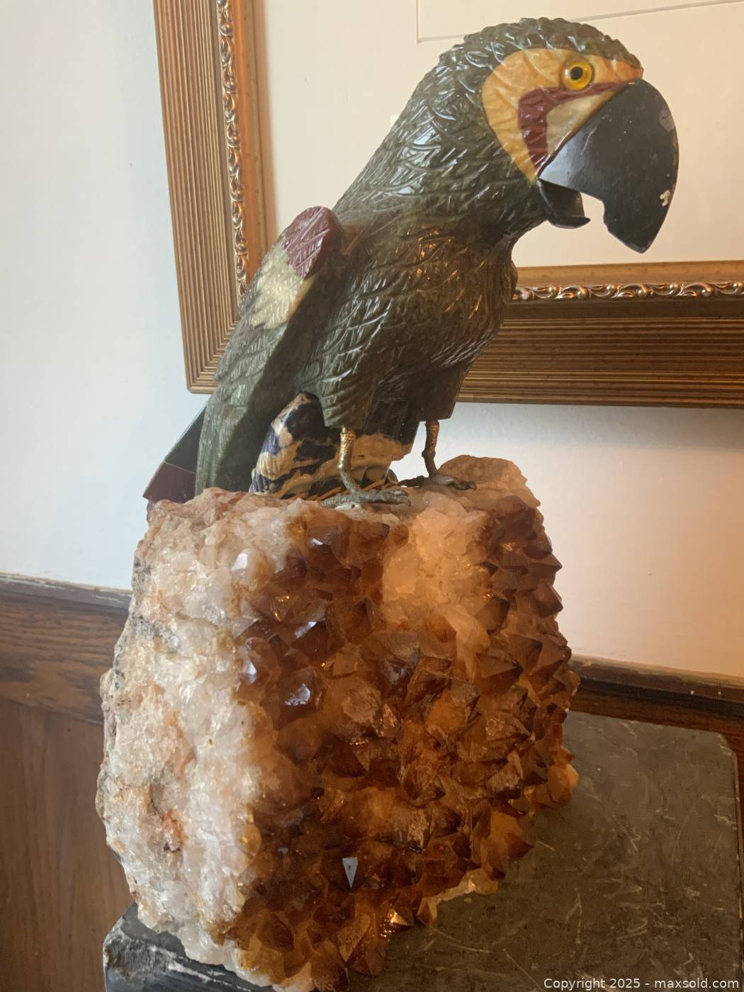 Carved semi-precious stone parrot on amethyst base | Maxsold