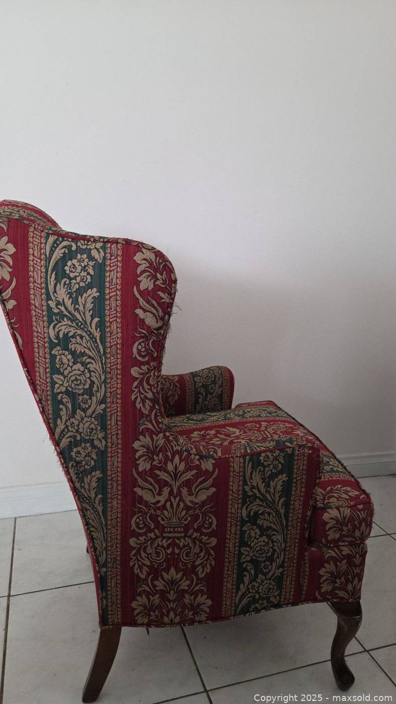 Pair floral damask wingback arm chairs | Maxsold