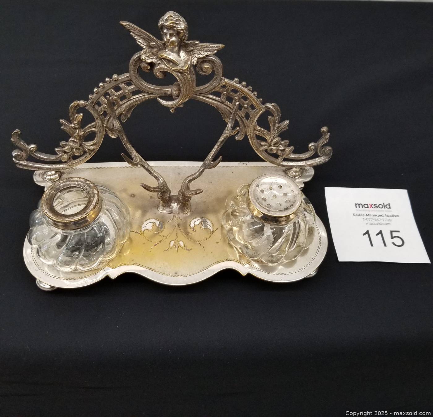 Antique silver plated condiment caddy with two glass shakers | Maxsold