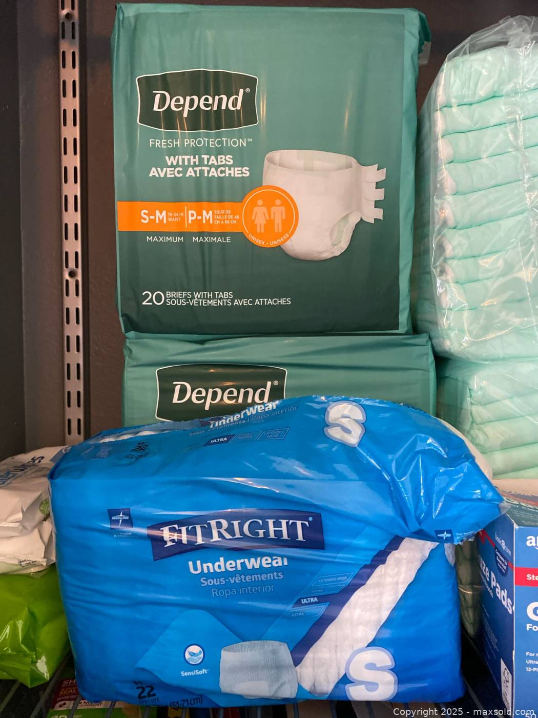 Depend diapers, FitRight underwear, wipes, gauze pads, mattress pads ...